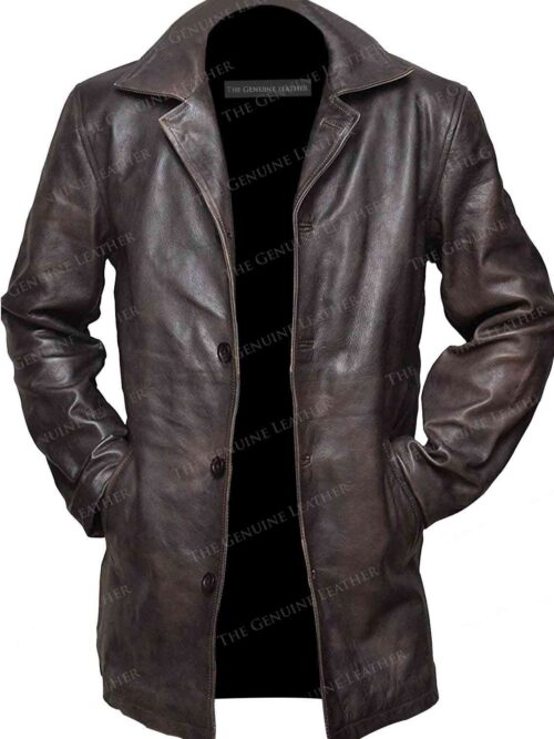 Men Brown Duster Coat | Brown Distressed Leather Coat | Duster Coat