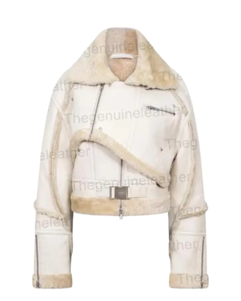 White Shearling Leather Jacket | Aviator White Leather Jacket