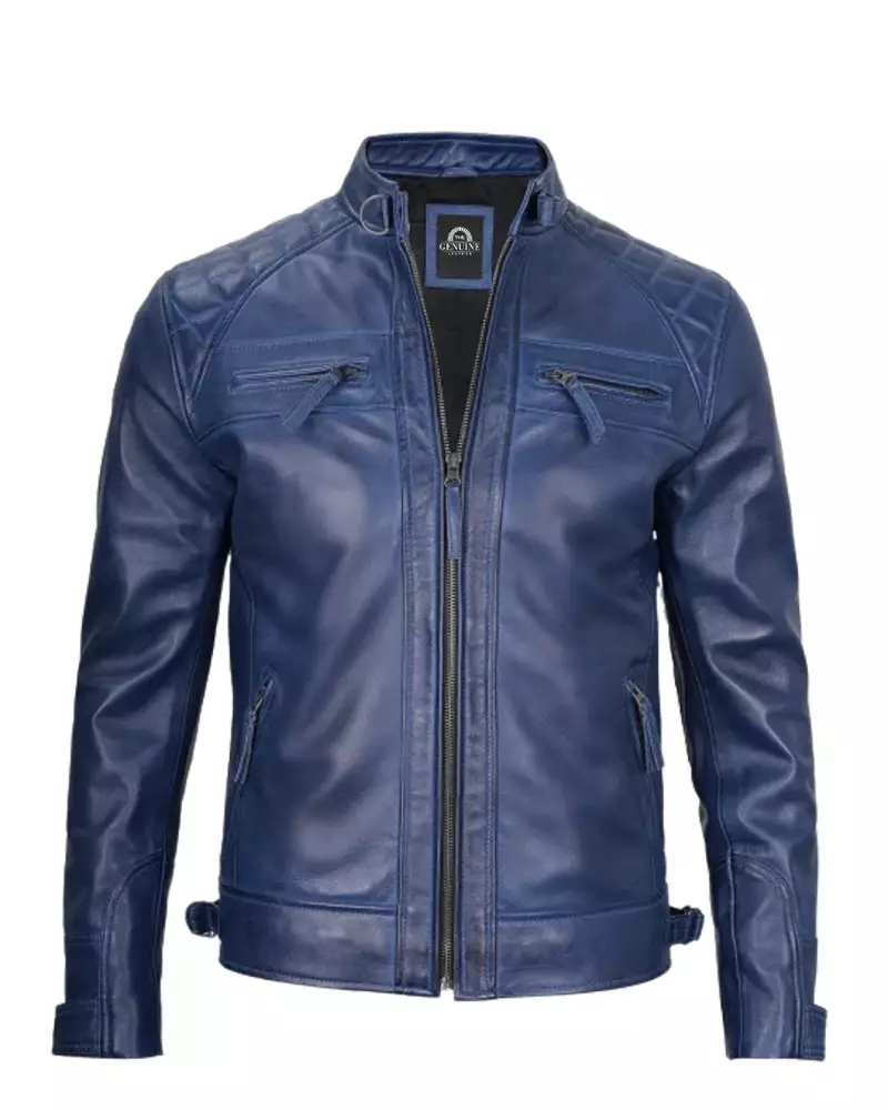 Men Cafe Racer Blue Leather Jacket | Blue Leather Jacket