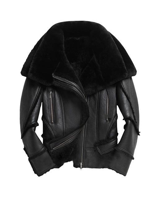 Mens Double Collar Sheepskin Biker Jacket