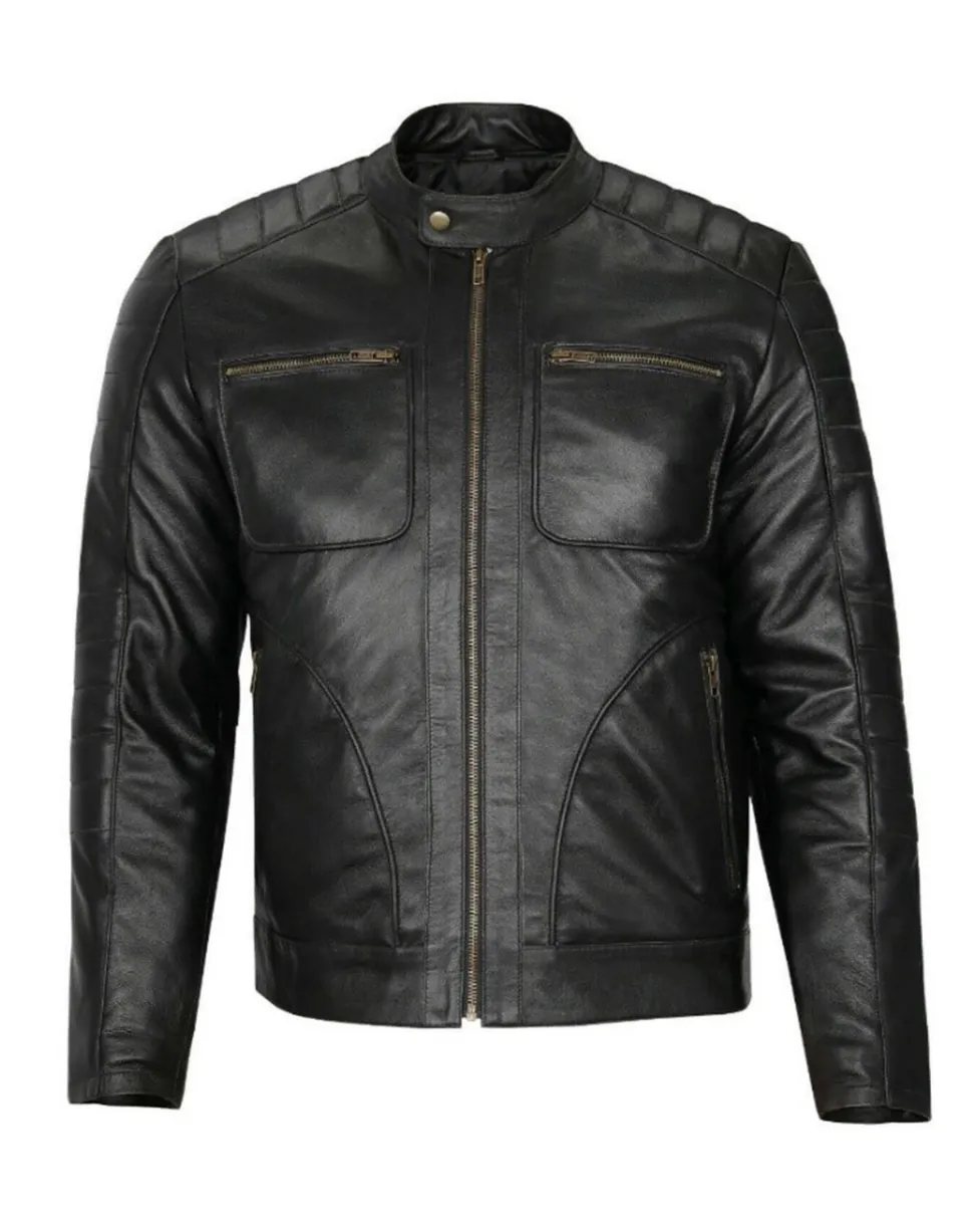 Mens Padded Shoulder Black Leather Jacket | Mens Jacket