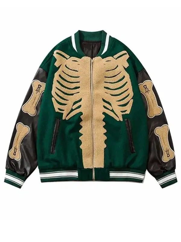 Bones Harajuku Skeleton Green Varsity Jacket | Varsity Jacket