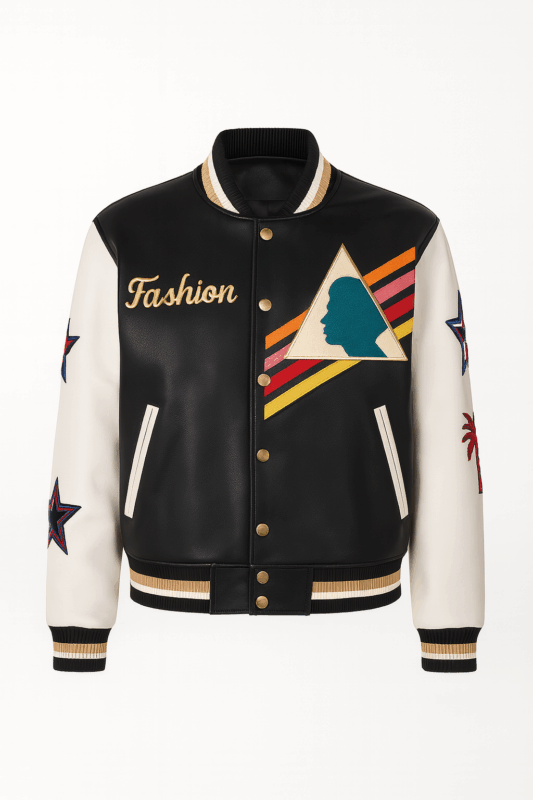 Men’s Multi-Color Triangle Leather Varsity Jacket | Leather Jacket