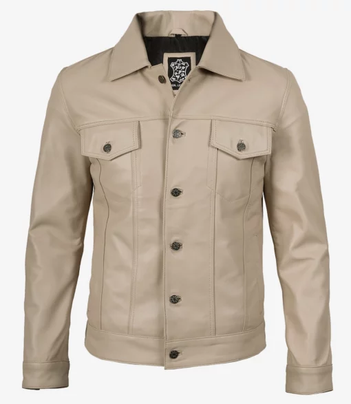 Men's Real Lambskin Leather Beige Trucker Jacket | Men's Jacket
