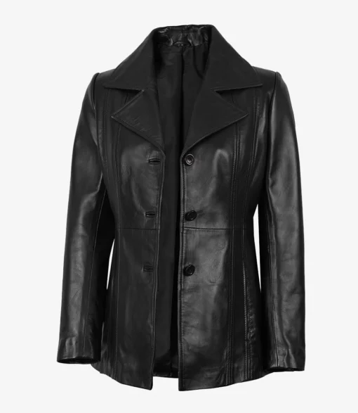 Women's Three Button Black Real Leather Blazer | Black Blazer