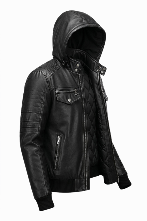 Men's Black Lambskin Removable Hooded Leather Jacket