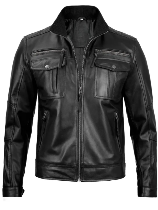 Mens Black Leather Style Cafe Racer Jacket | Black Leather Jacket
