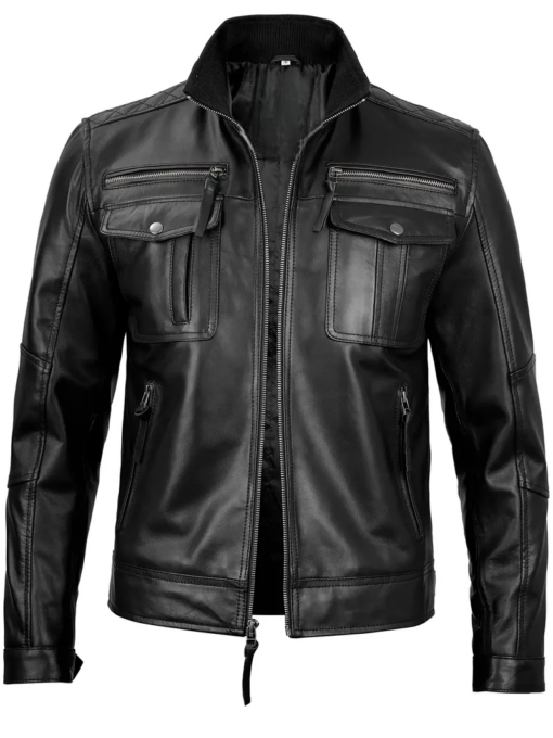 Mens Black Leather Style Cafe Racer Jacket | Black Leather Jacket