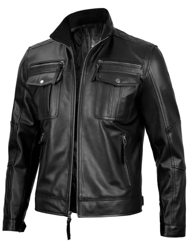 Mens Black Leather Style Cafe Racer Jacket | Black Leather Jacket
